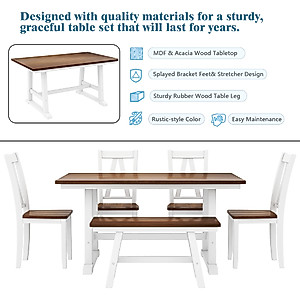 GLORHOME 6-Piece Farmhouse Style Wood Kitchen Table Set with Long Bench and 4 Dining Chairs,Walnut+White