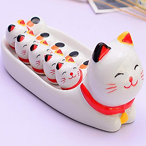6-piece Cute Ducks Ceramic Chopstick Rests, Spoon Fork Knife Holder Stand Festive Dinner Table Ornament (set)… (Lucky Cat Set)