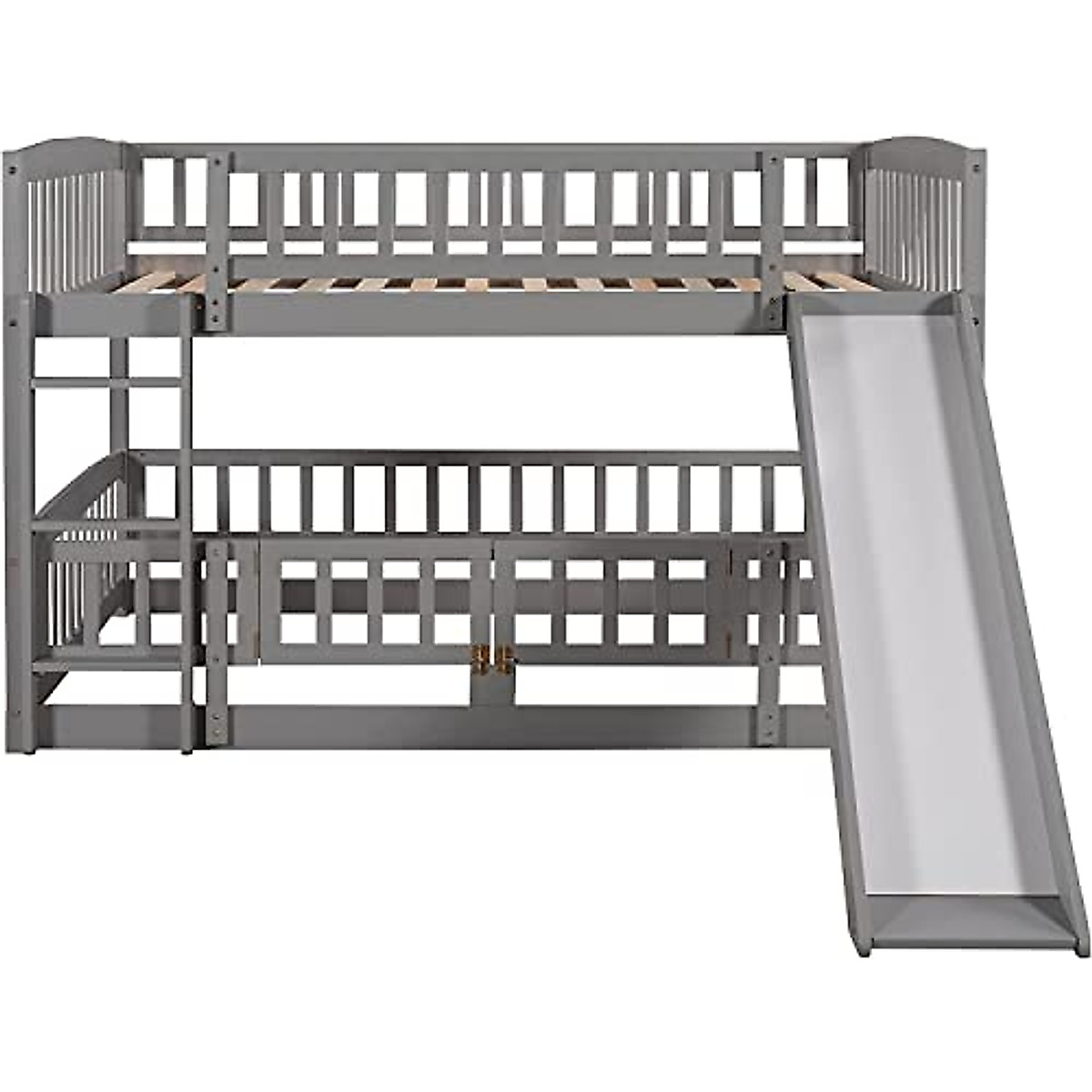 Harper & Bright Designs Low Bunk Beds Full Over Full, Wood Kids Bunk Bed with Slide, Fence and Ladder, Full Size Bunk Beds for Girls Boys, Grey