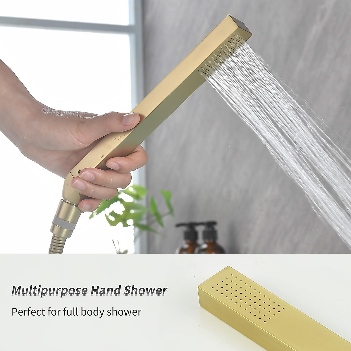 TapLong Waterfall Roman Tub Faucet with Hand Shower, Deck Mount 3 Hole Bathtub Faucet Set High Flow Bath Tub Faucet Set Deck Mount Solid Brass, Brushed Gold，03766BG