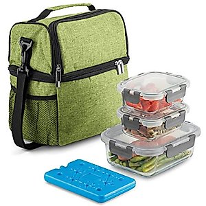 FineDine Lunch Bag with Glass Containers - Insulated Lunch Box for Women and Men - Leakproof Locking Lids & Ice Pack - 2-Compartment Cooler Tote for Work (Limerick)