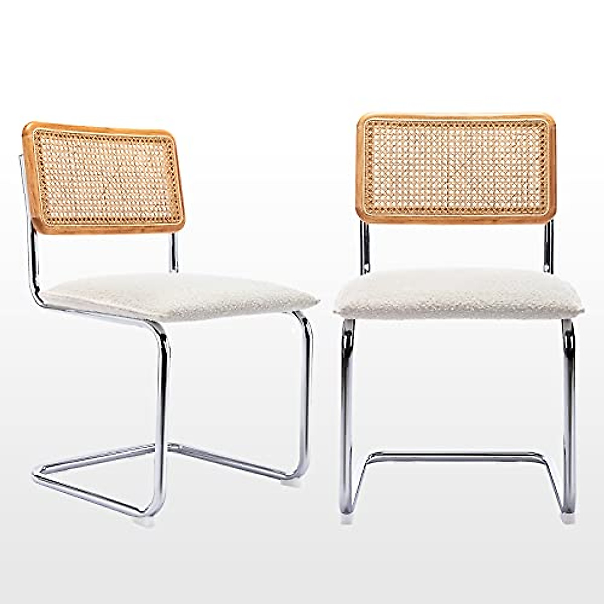 Zesthouse Mid-Century Modern Dining Chairs, Accent Rattan Kitchen Chairs, Armless Mesh Back Cane Chairs, Upholstered Fabric Chairs with Metal Chrome Legs, Set of 2, White
