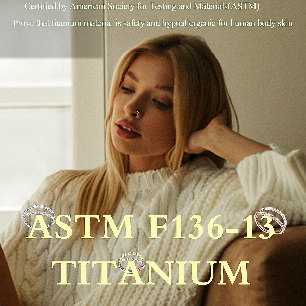 MILACOLATO G23 Titanium 18G Septum Clicker Nose Rings Double Open Stack Conch Daith Earrings Helix Tragus Cartilage Earrings Piercing Jewelry with Clear CZ for Women Men 12MM, Silver Tone