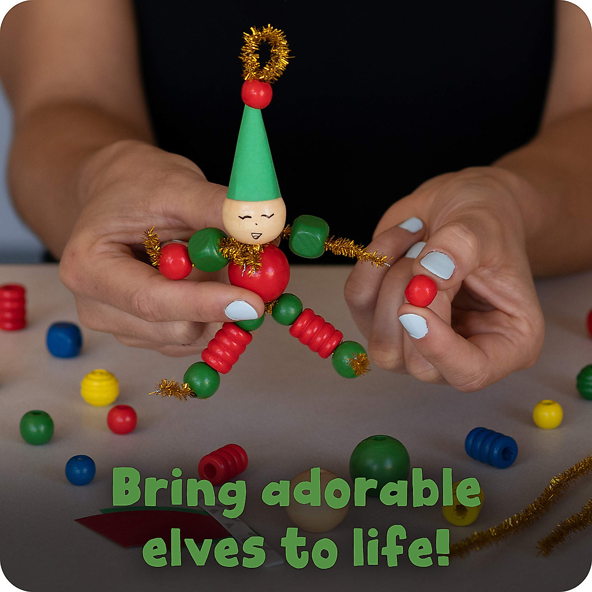 READY 2 LEARN Christmas Crafts - Create Your Own Bead Elves - DIY Ornaments for Kids - Christmas Tree Decoration - All Materials Included, Blue,Green,Red, Set of 4