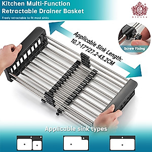 GICASA Adjustable Stainless Steel Drainer Basket Drain Tray for Dish Vegetable Fruit, On Counter Dish Rack or in Sink Over Sink Kitchen Basket Dish Drying Rack