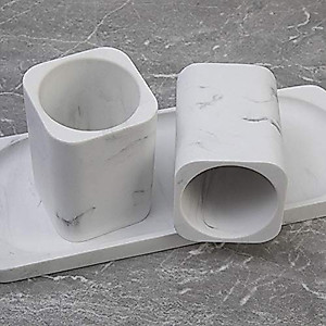 Besdor Bathroom Accessories Set Complete 3 Pieces Resin Marble Pattern 1 Vanity Tray and 2 Tumbler Cup Desk Organizer Makeup Brush Holder White