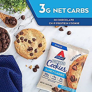 Atkins Chocolate Chip Protein Cookie, Protein Dessert, Rich in Fiber, 3g Net Carb, 1g Sugar, Keto Friendly, 4 Count