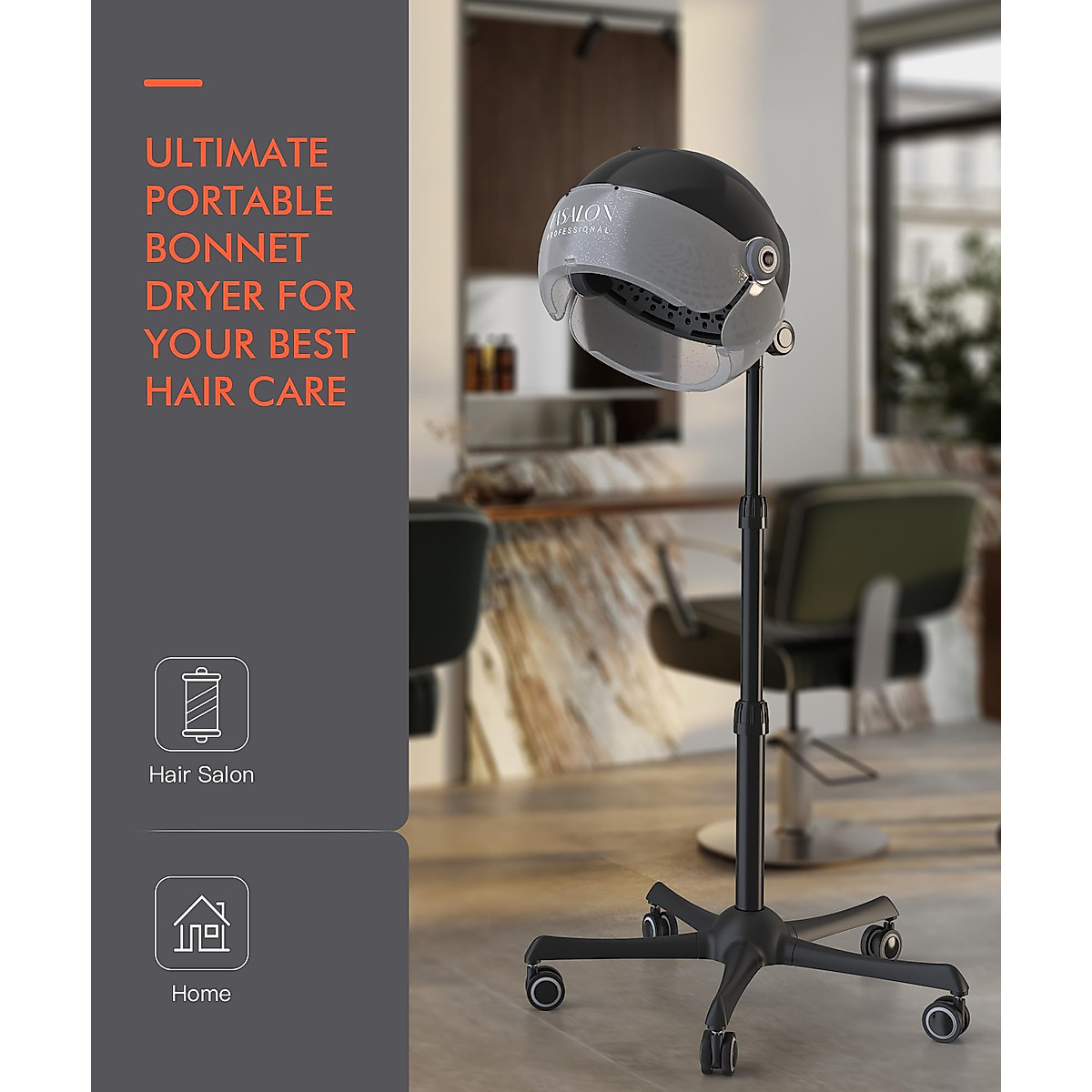 TASALON Ionic Hooded Hair Dryer - 1875W Bonnet Dryer with 3 Temperature Settings - Portable Standing Dryer for Home and Salon