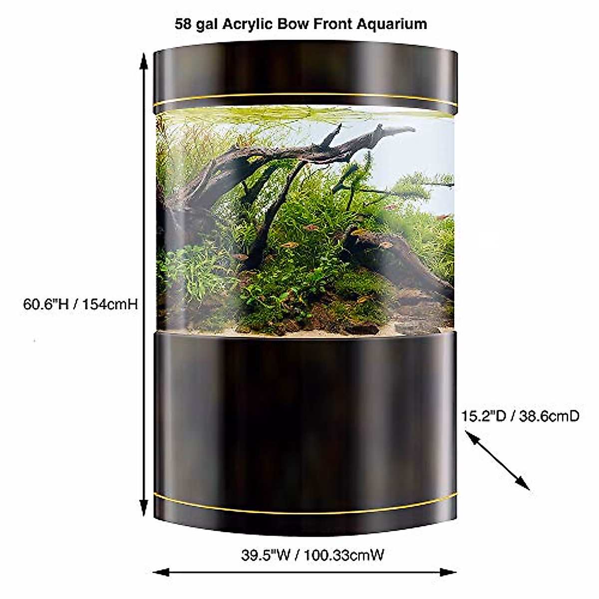 Penn-Plax Water World Luxury Large Bow Front Acrylic Aquarium with Built-in Stand and Storage Top (LM2) – 360° View – Great for Freshwater and Saltwater Fish – 58 Gallons