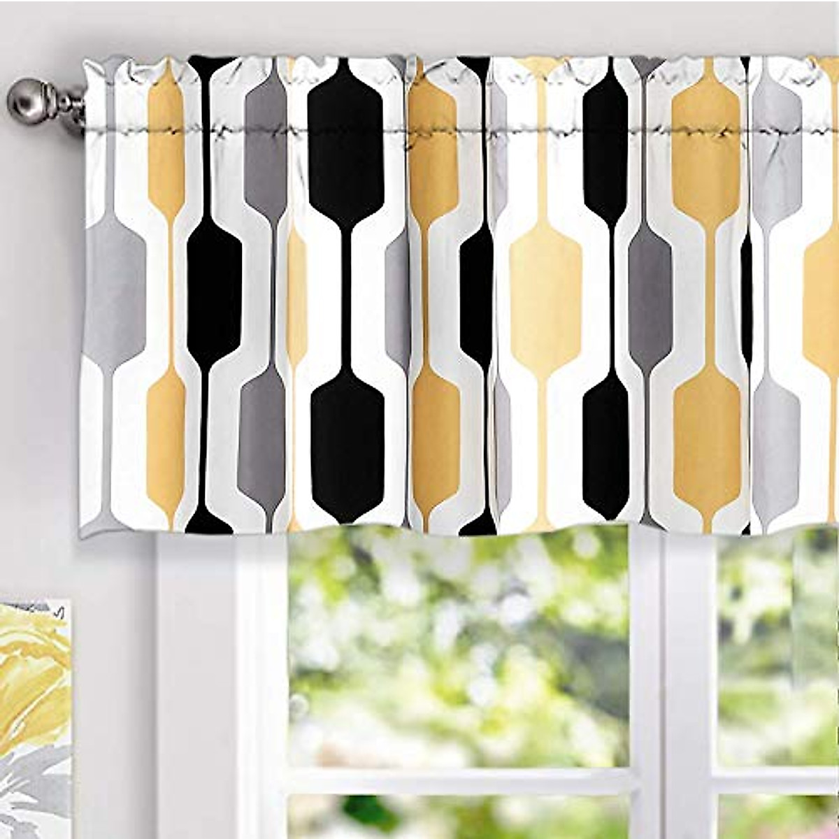 DriftAway Riley Geo Lined Window Curtain Valance Mid Century Geometric Pattern 2 Layers Rod Pocket 52 Inch by 18 Inch Plus 2 Inch Gold Black Gray