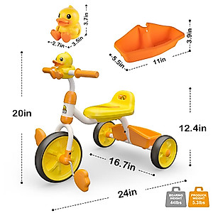 Toddler Tricycle Outdoor Trike for 1-3 Years Old with Storage Bin, Cute Riding Toys Gift for Girls Boys, Carbon Steel Frame and Silent Wheels (Yellow)