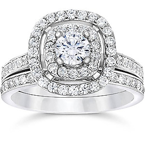 1 1/2ct Double Cushion Halo Real Diamond Engagement Wedding Ring Set White Gold - Size 8.5
