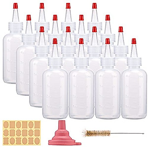 CUCUMI 16pcs 4oz Plastic Squeeze Bottles, with Red Tip Caps and Measurement, with Extra 1 Funnel, 18 Kraft Paper Stickers and 1 Brush for Crafts, Art, Glue, Kitchen Condiments