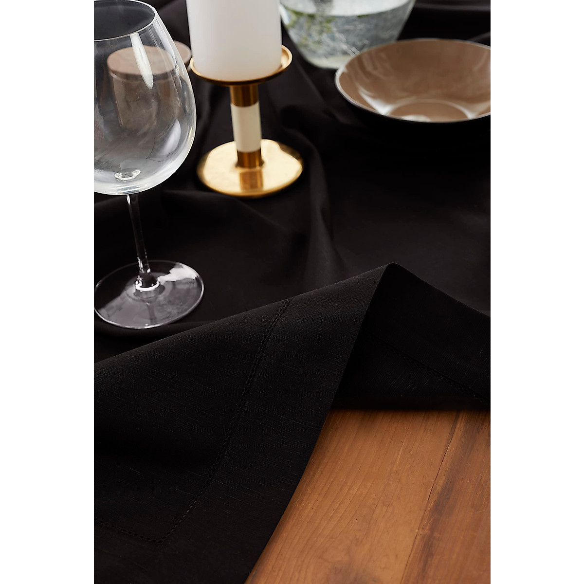 Solino Home Black Tablecloth – Cotton Linen Hemstitch Tablecloth 52 x 52 Inch – Machine Washable Square Table Throw for Summer