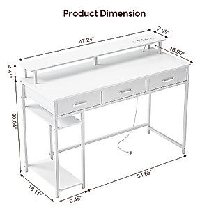 WASAGUN Computer Desk with Drawers and Storage Shelves, Home Office Desk with LED Lights & Power Outlets, Gaming Desk with Monitor Stand, Writing Study Desk, Kids Small Desk for Bedroom, White
