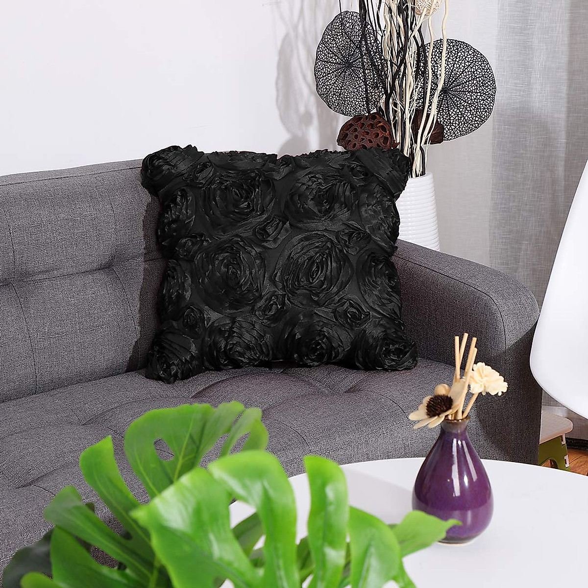 PiccoCasa 3D Flowers Throw Pillow Cover, Romantic Decorative Satin Cushion Cover, Stereo Roses Pillow Cover for Bed Sofa Couch, 16'' x 16'', Black