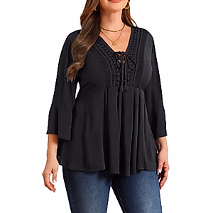 Pinup Fashion Plus Size Tunic Tops Black Women Bell 2/4 Sleeve Fall Dressy Casual Lace-Up V Neck Empire Waist Tassel Peplum Top 2X
