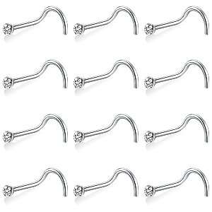 CrazyPiercing 12pcs Wholesale Lot Bling-Bling Crystal Rhinestone Stainless Steel Body Piercing Jewelry Nose Ring, Hypoallergenic, 20 Gauge