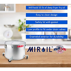 MirOil Oil Filter Pot Combo Set, Grease Bucket Oil Storage Pot, Safety Lid, Holds up to 55lbs Oil, Low Profile with Castor Mobility Base, Includes a B6PS Reusable Filter Bag