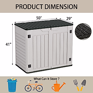 Greesum Outdoor Horizontal Resin Storage Sheds 34 Cu. Ft. Weather Resistant Resin Tool Shed, Extra Large Capacity Weather Resistant Box for Bike, Garbage Cans, Lawnmowe, with Divider, Grey