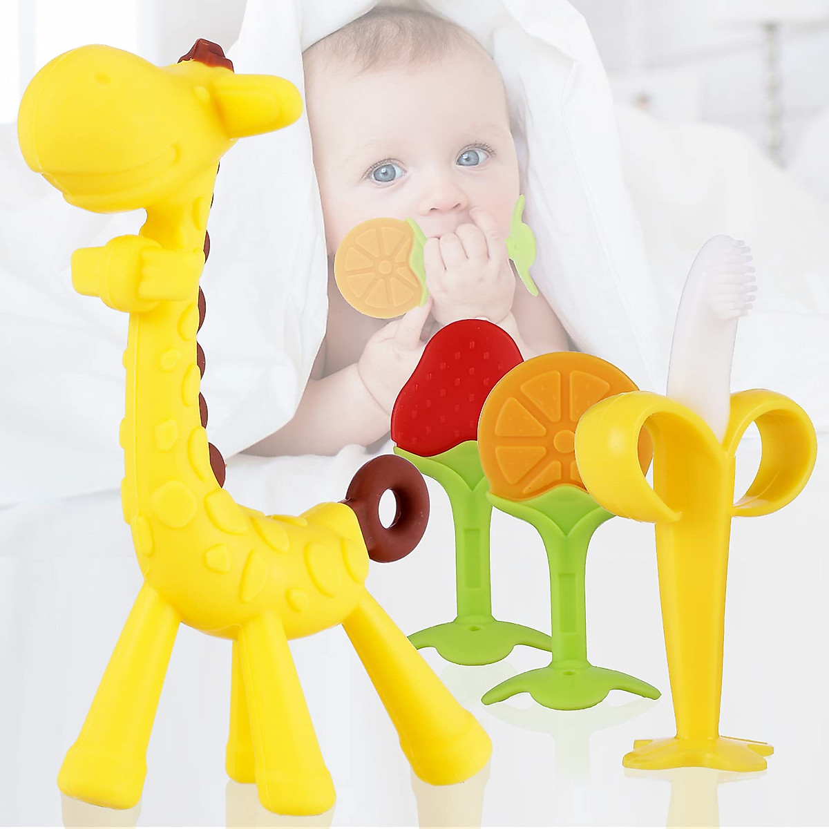 Baby Teething Toys for Newborn (4-Pack),Baby Chew Toys Teething Freezer Set Soothing Baby, Toddler Silicone Banana Toothbrushes Fruit Giraffe Teethers Soothe Babies with Storage Case Set