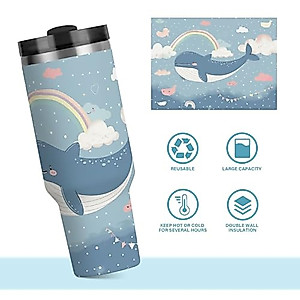 FRCSDIY Rainbow Whale Insulated Tumbler with Handle and Straw Lid,30oz Leakproof Stainless Steel Cup BPA-Free Water Bottle