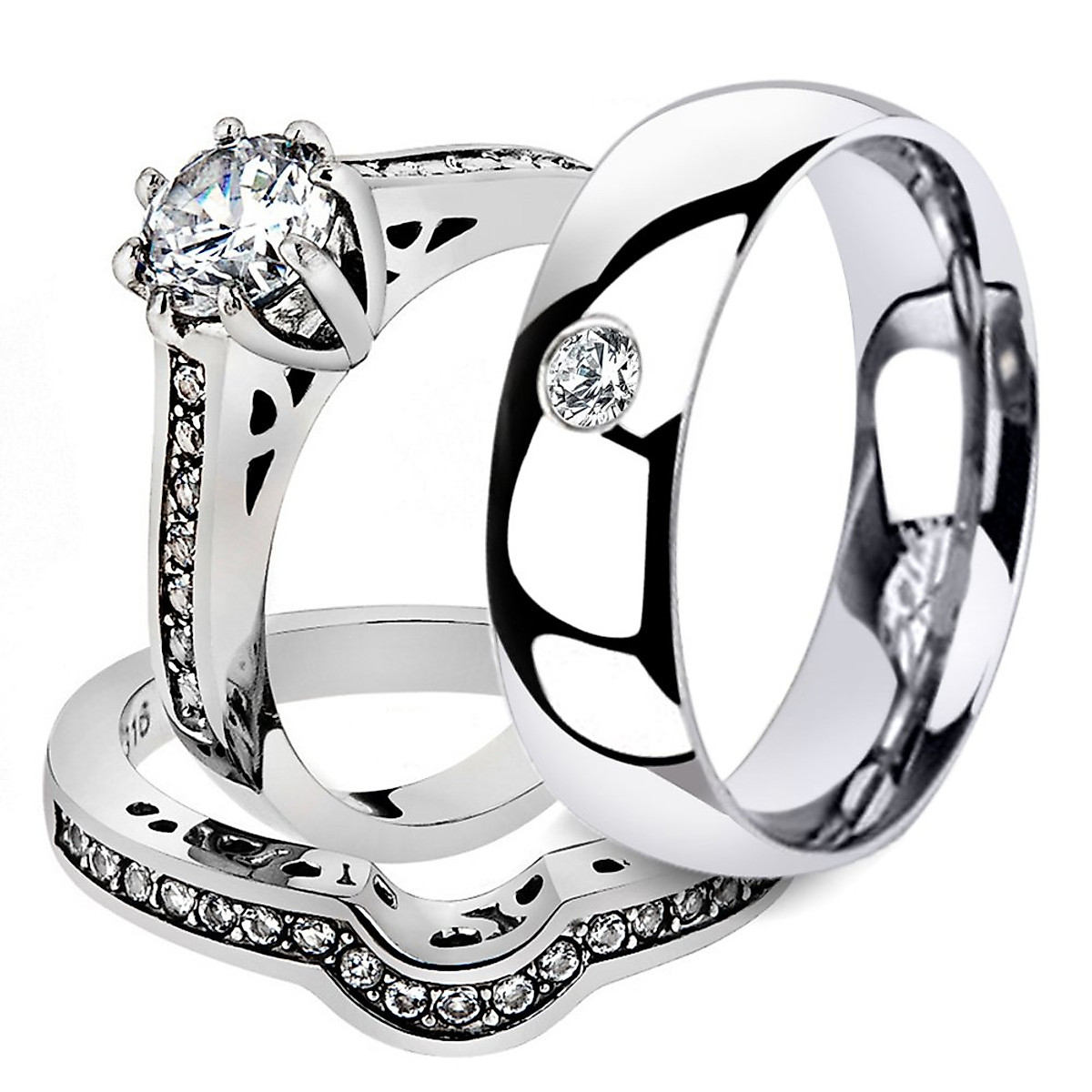 Marimor Jewelry His and Her 3 Piece Stainless Steel 1.85 Carat Cubic Zirconia Bridal Set and Men's Wedding Band Women's Size 06 Men's Size 10