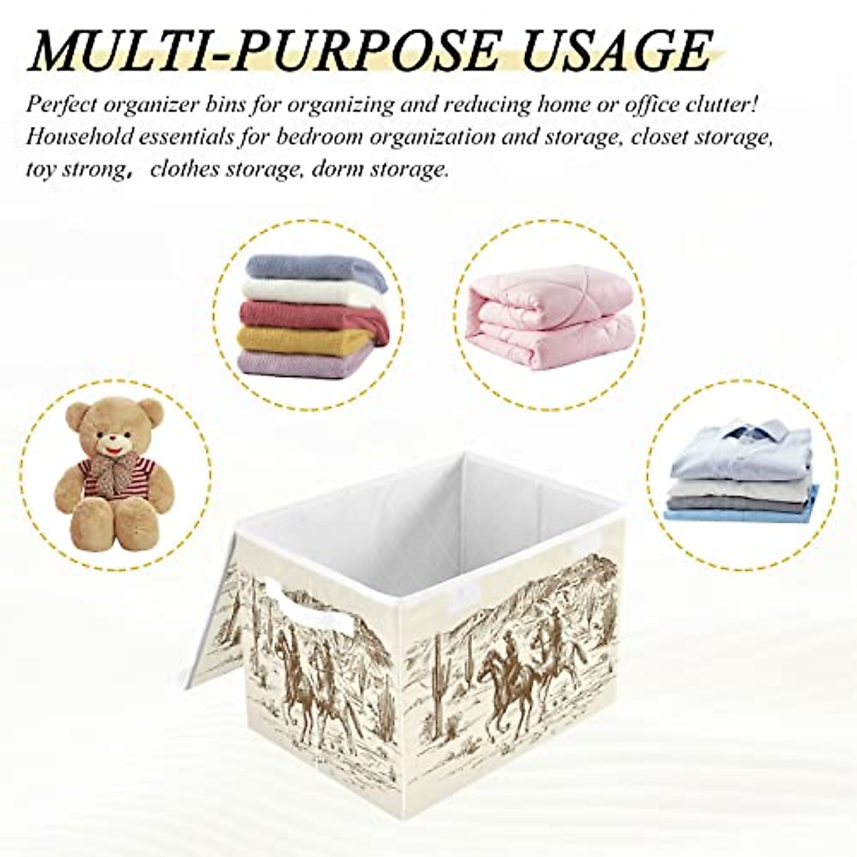 Western Desert Cowboy Storage Basket 16.5x12.6x11.8 In Collapsible Fabric Storage Cubes Organizer Large Storage Bin with Lids and Handles for Shelves Bedroom Closet Office