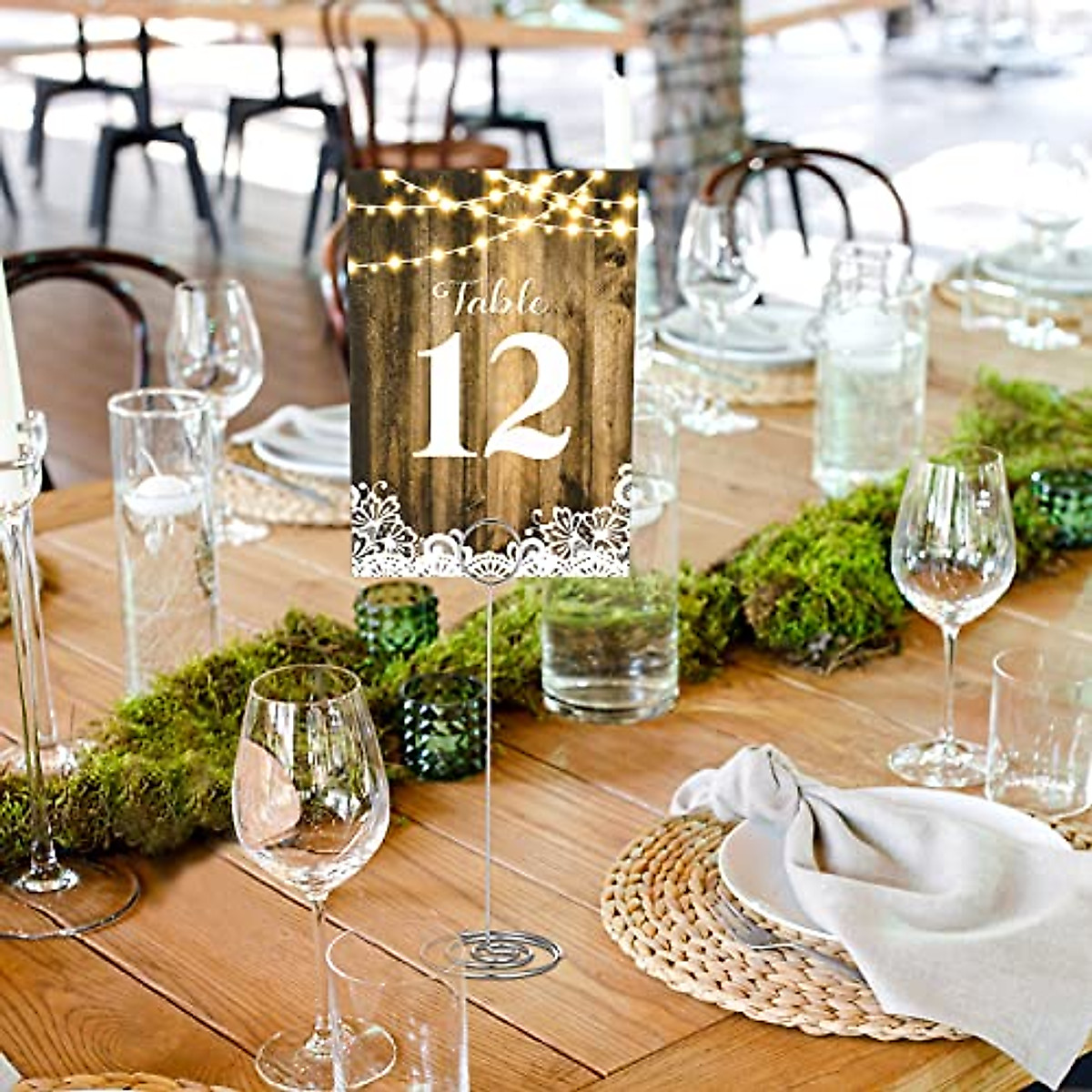 1-12 Wood Lights Table Number Double Sided Signs Rustic Calligraphy Printed Numbered Card Paper Wedding Seating Chart Table Decoration Restaurant Reusable Reception Centerpieces for Tables, 4 x 6 Inch