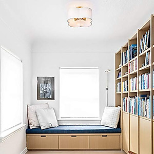 VILUXY Semi-Flush Mount Ceiling Light Fixture Cream White Fabric Drum Shade Antique Brass Brush Paint Finish for Bedroom, Dining Room, Corridor, Living Room 13.77" 4-Light