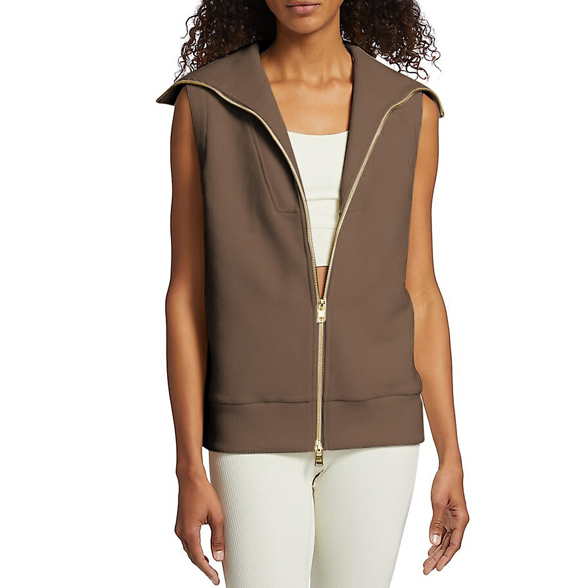 Viottiset Women's Ribbed Full Zip Lapel Collar Sleeveless Sweatshirt Sweater Vest Fall Casual Top Brown M