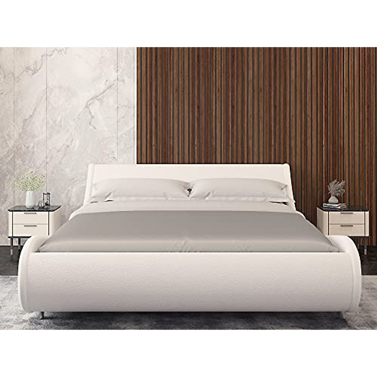 Modern King Upholstered Platform Bed Frame,Low Profile Bed Frames with Ergonomics Headboard, Faux Leather Bed/No Box Spring Needed/Easy Assembly,White