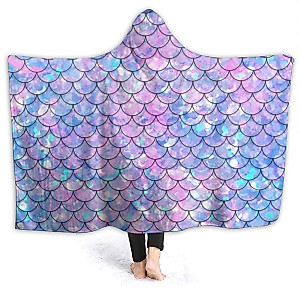 321DESIGN Mermaid Fish Scale Wearable Blanket Fleece Hooded Robe Cloak Throw Quilt Poncho Microfiber Sherpa Plush Warm Wrap Multiple-Size Child(50"x40"in)