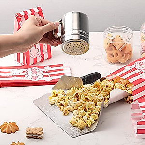 Potchen 502 Pieces Popcorn Machine Supplies Set Includes 500 Pcs 1oz Red and White Bags Bundle Scoop Stainless Steel Seasoning Dredge with Handle Lid Season Salt Shaker