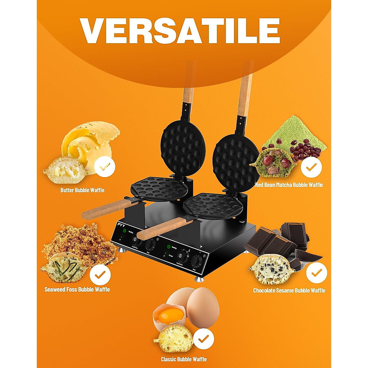 PYY Double Bubble Waffle Maker Commercial Waffle Maker Non-stick Hong Kong Egg Waffle Maker for Home Use Stainless Steel Pancake Maker 180° rotate, 1500W 110V Electric Cone Maker 122-482℉