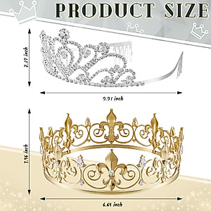 King Crown 2 Pcs Royal King Crown Metal Crystal Tiara Crown for Men Women Bridegroom Bride Princess for Wedding Halloween (Rhinestone Style)