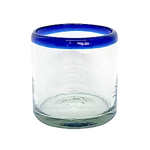 MexHandcraft Cobalt Blue Rim 8 oz DOF Rock Glasses (set of 6), Recycled Glass, Lead-free, Toxin-Free (DOF Rocks)