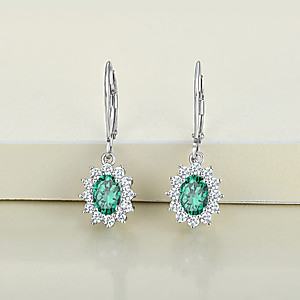 YL Women's Dangle Drop Earrings Sterling Silver Halo Princess Diana Leverback Earrings Created Emerald Jewelry