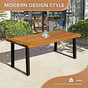 Devoko Home Acacia Wood Dining Table 6-Person Indoor Outdoor Table with Iron Legs, Sandblast Finish, Natural Stained, Rustic Metal, 69 * 33 * 30 inch