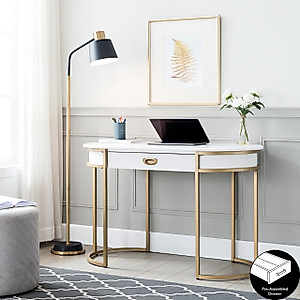 Leick Home 85405 Oval Metal Leg Desk with Drop Front Keyboard Drawer, Cottage White/Gold