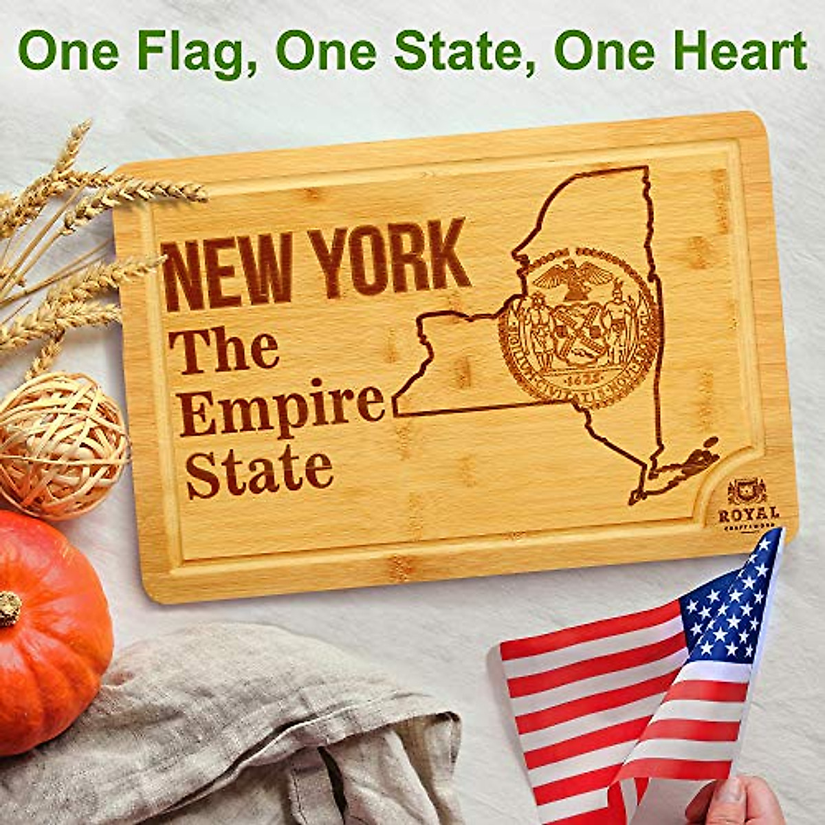 Bamboo State Cutting Board for Kitchen – New York Cheese Board, Charcuterie Platter & Serving Tray, (15" x 10")