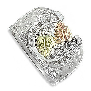 Diamond-Cut Horseshoe Ring, Sterling Silver, 12k Green and Rose Gold Black Hills Gold Motif, Size 9.75