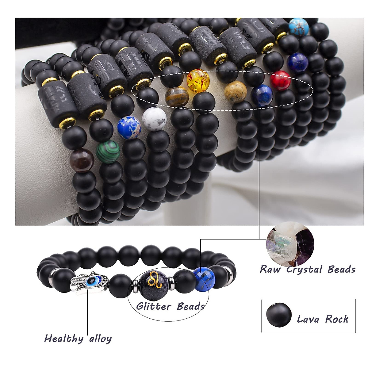 Yomlry 2Pcs Zodiac Bracelet 8MM Beaded Evil Eye Bracelet Spiritual Healing Crystal Bracelet for Women Men 12 Constellation Bracelet Zodiac Sign Horoscope Gift Hamsa Protection Couple Bracelet Set,
