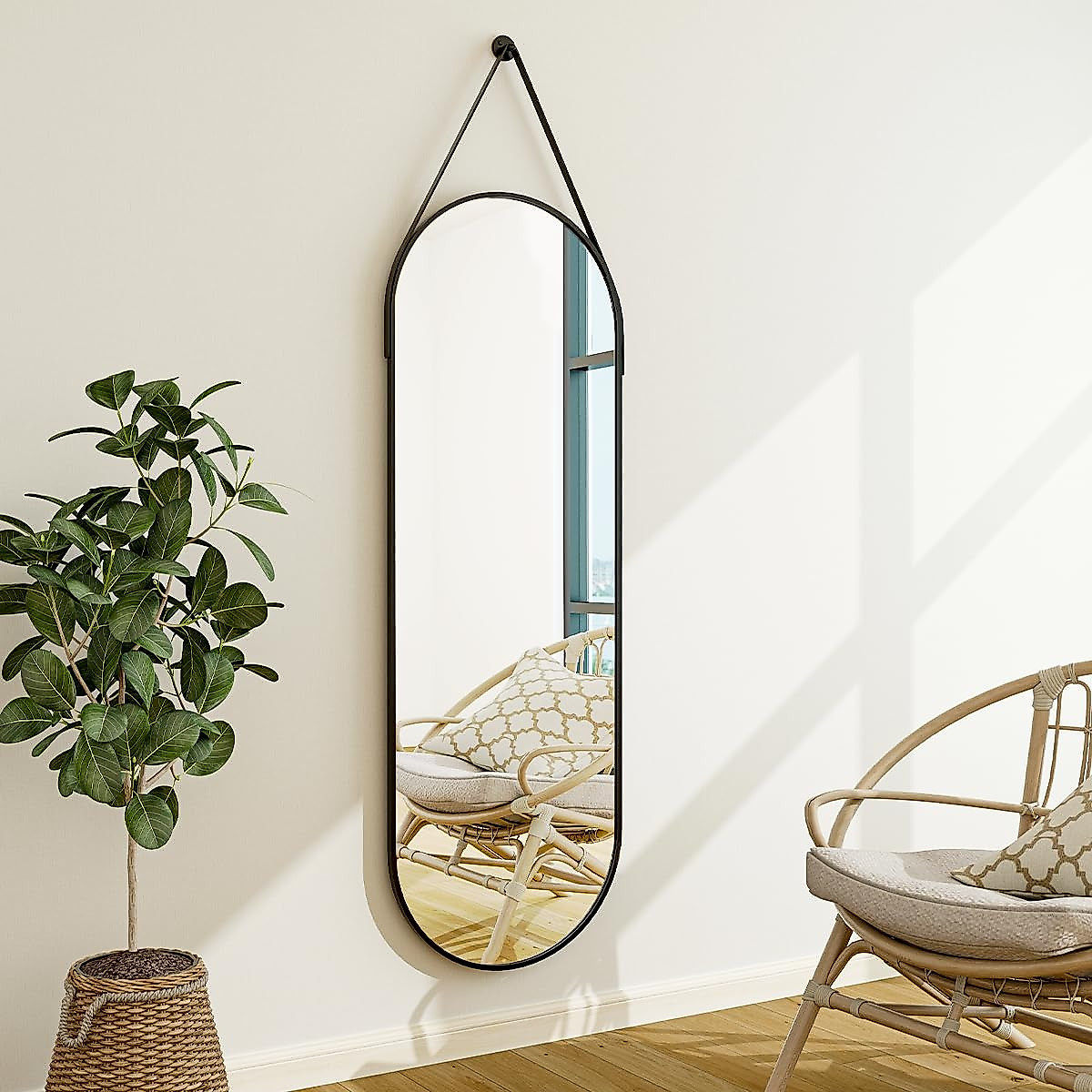 XRAMFY 16''x48'' Full Length Mirror with Hanging Leather Cord,Modern Aluminum Frame Full Body Hanging Mirror for Bathroom Vanity Living Room Bedroom Entrance