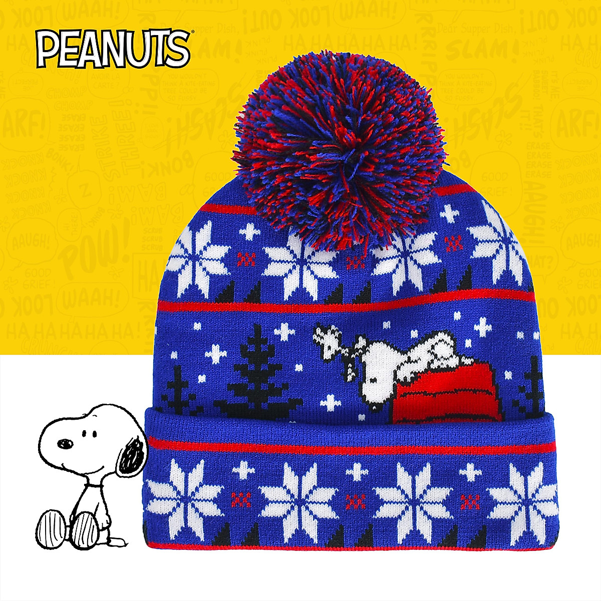 Peanuts Beanie Hat, Snoopy Red House Ugly Xmas Sweater Winter Knit Cap with Cuff and Pom, Blue, One Size