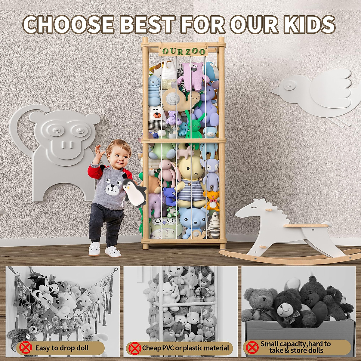 Eniffbaa Stuffed Animal Zoo Stuffed Animal Storage Wood Soft Toy Shelf Nursery Room Organizer Zoo Cage for Stuffed Animals with Zoo Pattern Gift for Nursery PlayRoom Bedroom KidRoom Chirstmas Gift