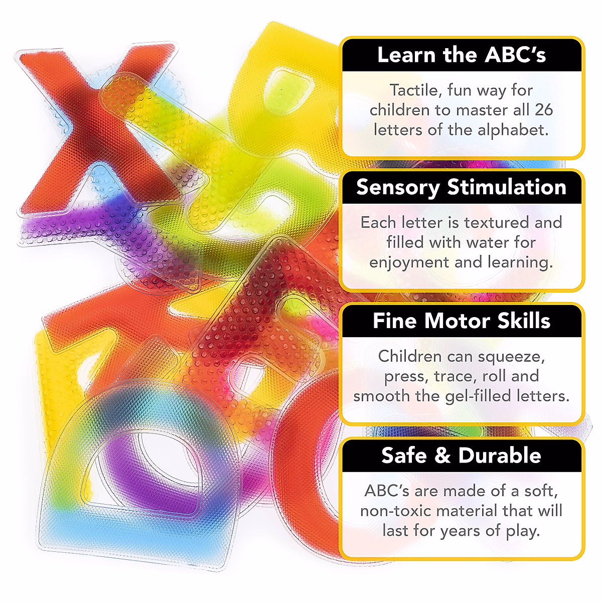 Playlearn 26pc Large Size Sensory Alphabet Letters - Multiple Textures - Gel Filled Tactile Letters - ABC Learning Toy - Light Table Toy