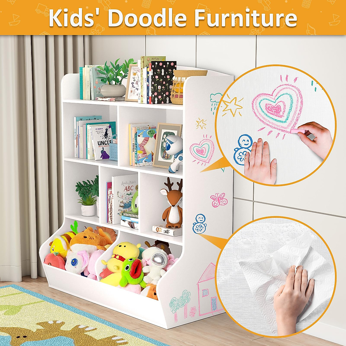 Doodlefurni Kids Toy Storage Organizer, Odor-Free Kids Bookshelf and Toy Storage, Suitable for Boys and Girls' Playroom/Bedroom, Storage for Books and Toys, Paintable, Easy to Clean.