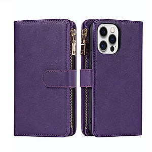 SailorTech Wallet Phone Case Design for iPhone 14 Pro 9 Card Holder 1 Zipper Coin Wallet 2 Cash Slot Kickstand Lanyard Flip Leather Cover Purple