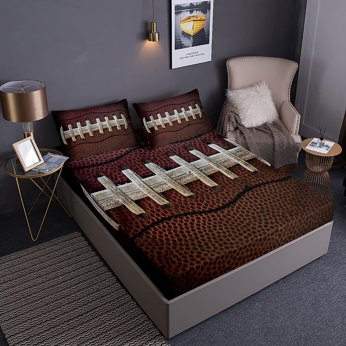 Tailor Shop Sports Football Fitted Sheet Set for Boys Kids Teens ，Brown Rugby Theme Sheet Set Twin Size with 1 Fitted Sheet 1 Pillow Sham………